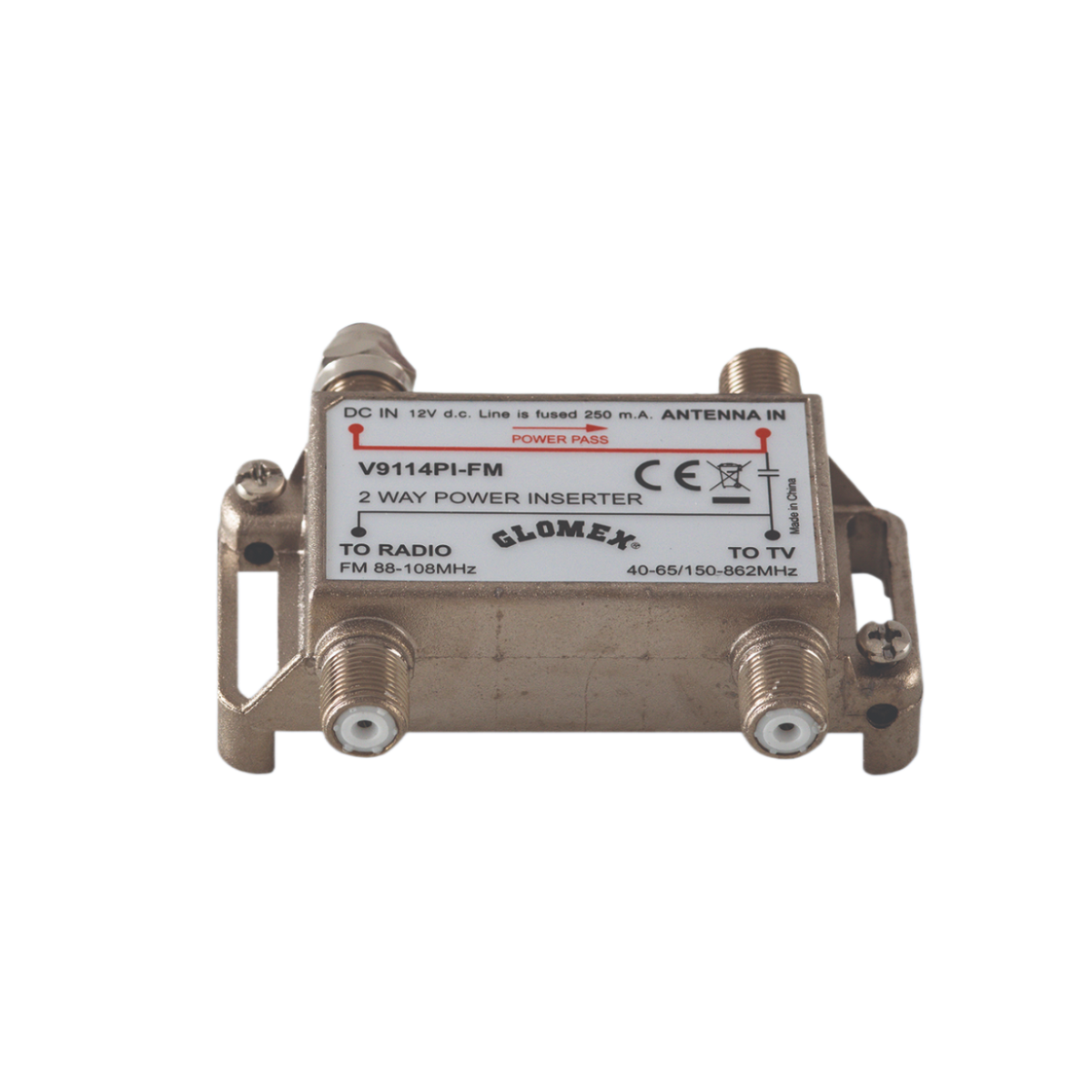Glomex V9114PI-FM | 12V Power Inserter & TV/FM Splitter | Deltron